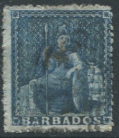 1871 Barbados Small star wmk., rough perf 14 to 16 1d blue (SG48)